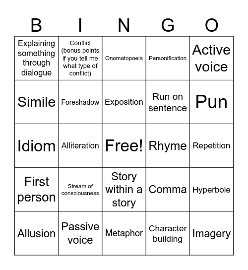 Creative Writing Bingo Card