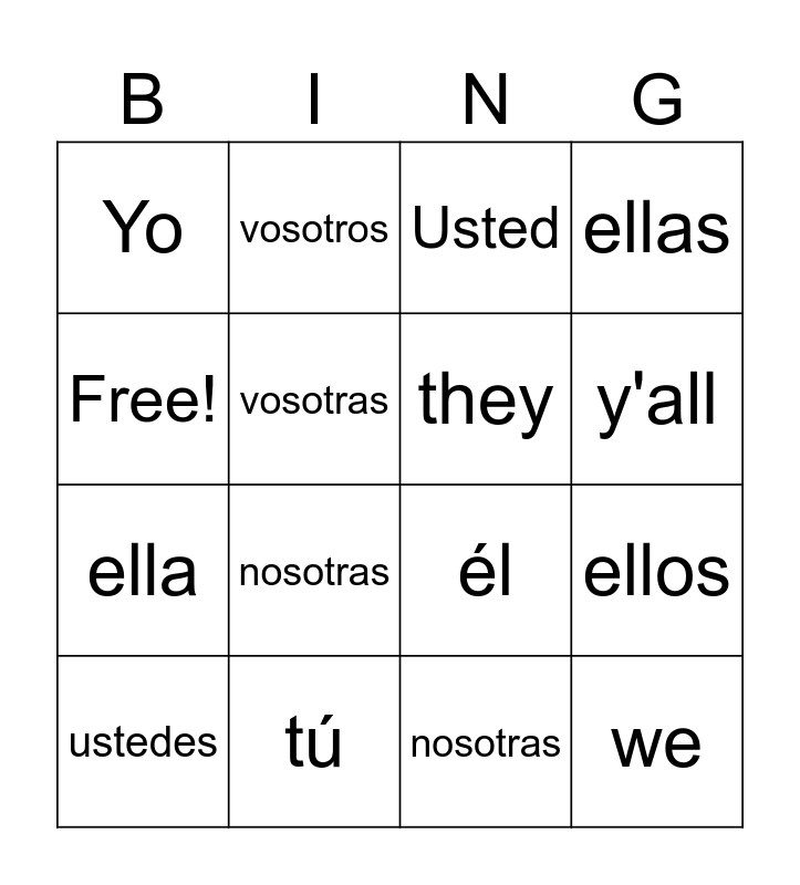 Spanish Subject Pronouns Bingo Card