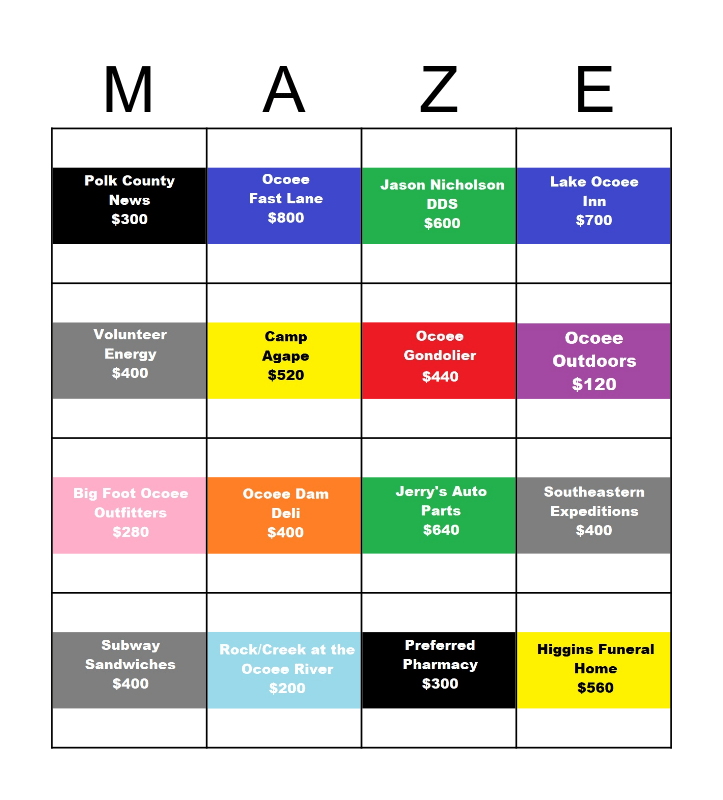 Ocoee - Opoly Bingo Card