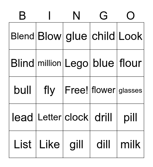 speech bingo /l/ and /l/ blends Bingo Card