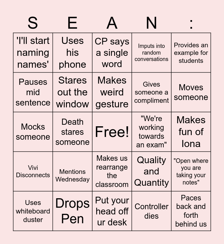 Sean Bingo Card