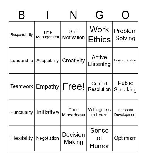 Soft Skills Bingo Card