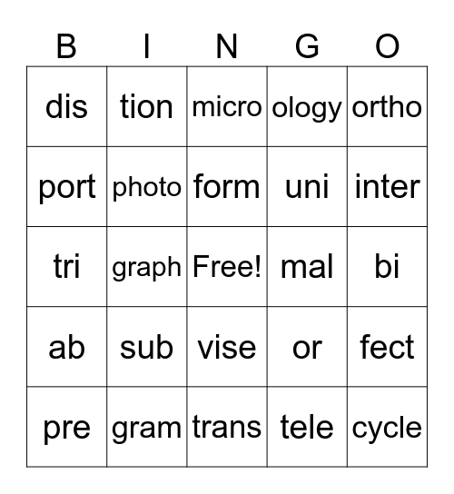 Morphology-Prefixes & Suffixes Bingo Card