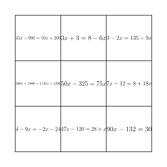 Equivalent Equations Bingo Card