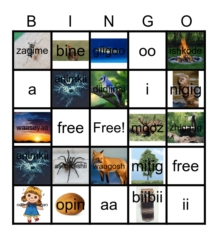 Ojibwe Alpabet Bingo Card