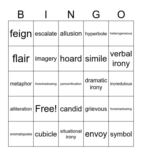 Vocabulary Unit 1 Bingo Card