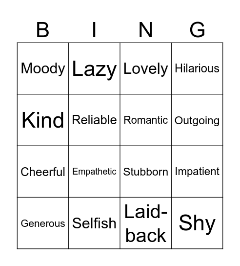 personality adjectives Bingo Card