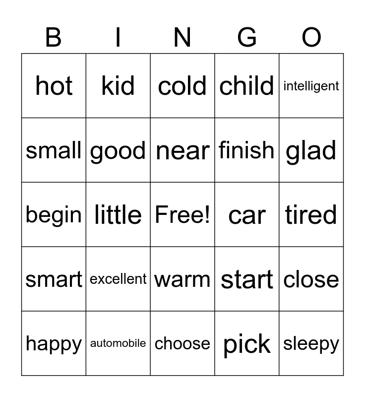 Synonym/Antonym Bingo Card