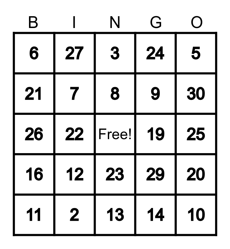 Bingo des nombres Bingo Card