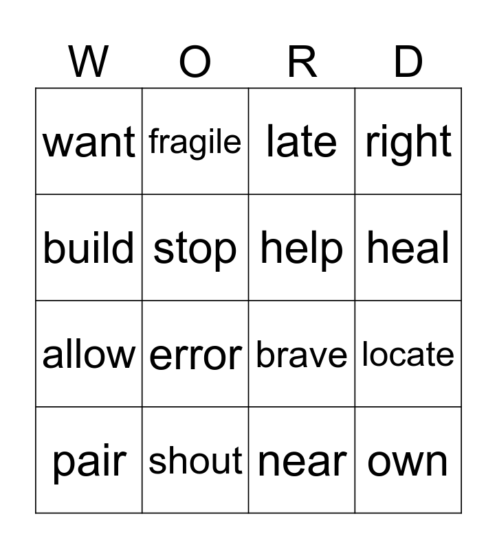Synonym Bingo Card