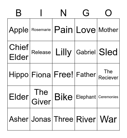 The Giver Bingo Card