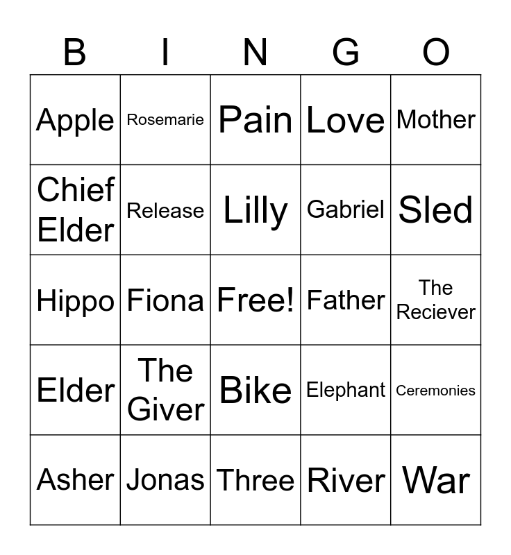 The Giver Bingo Card