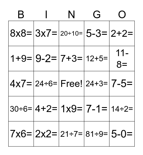 Family Math Night Bingo Card