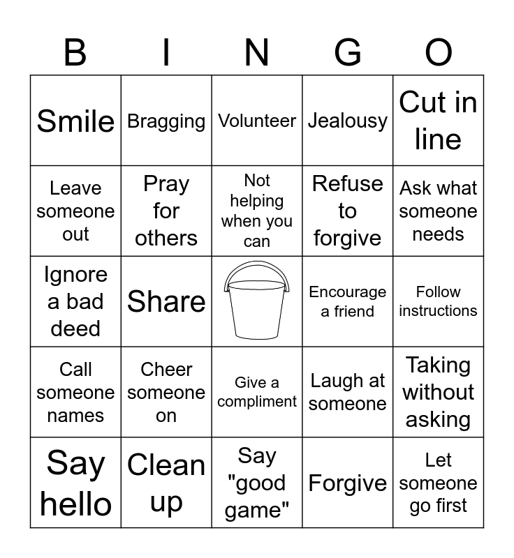 Bucket Filling Bingo Card