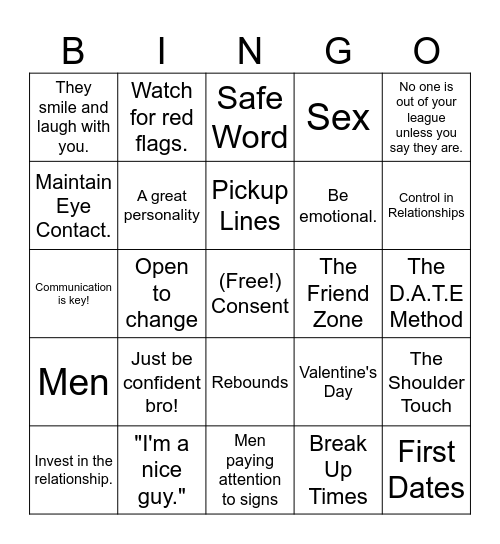 Dating Doctor Bingo Card