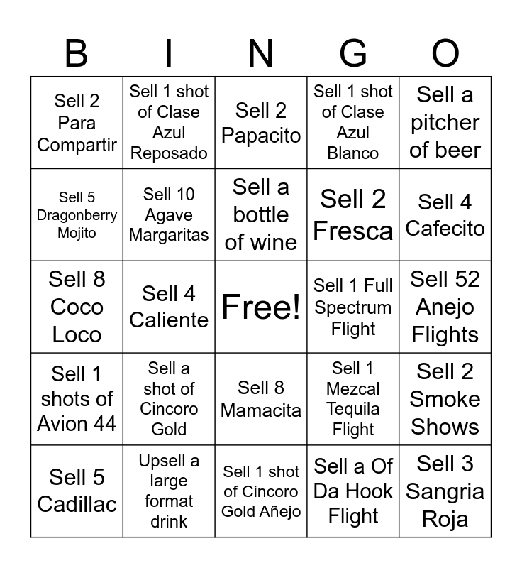 Bartender Bingo Card