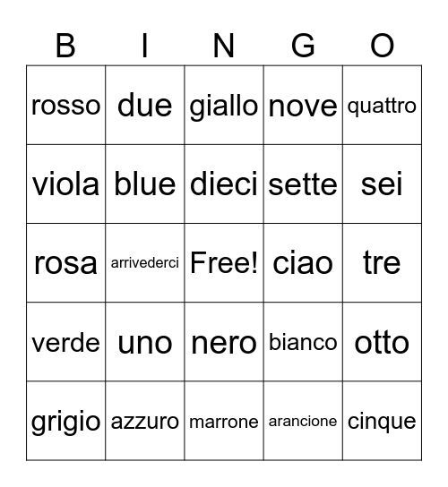 Italian bingo numbers and colours Bingo Card