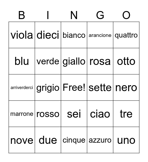 Italian numbers and colours Bingo Card