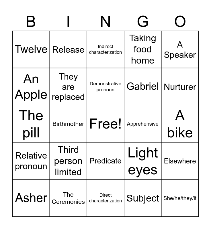 The Giver Bingo Card