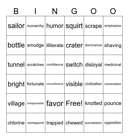 Spelling Words Bingo Card