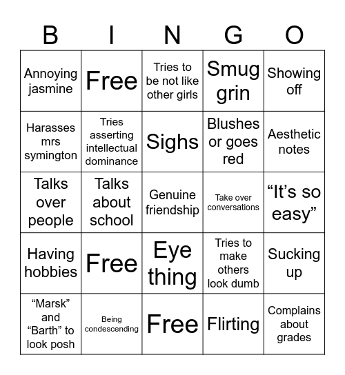 Pick Me Girl Bingo Card