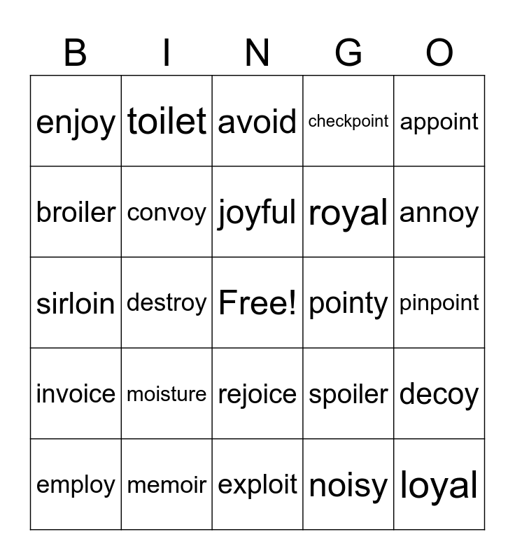 Oi and Oy Vowel Team Bingo Card