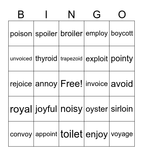Oi and Oy Vowel Team Bingo Card