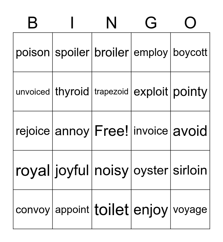 Oi and Oy Vowel Team Bingo Card