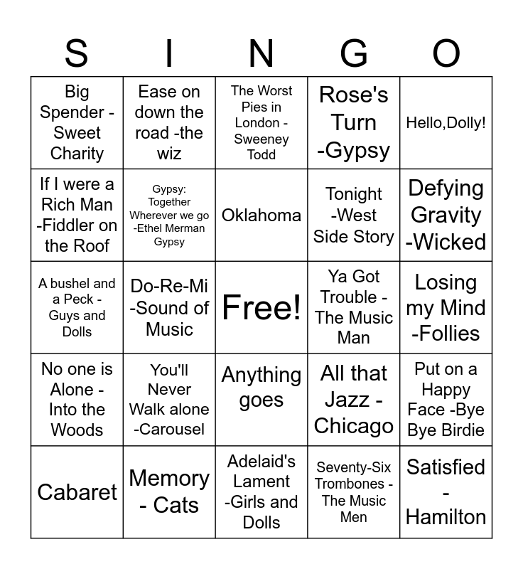 Broadway Hits Bingo Card