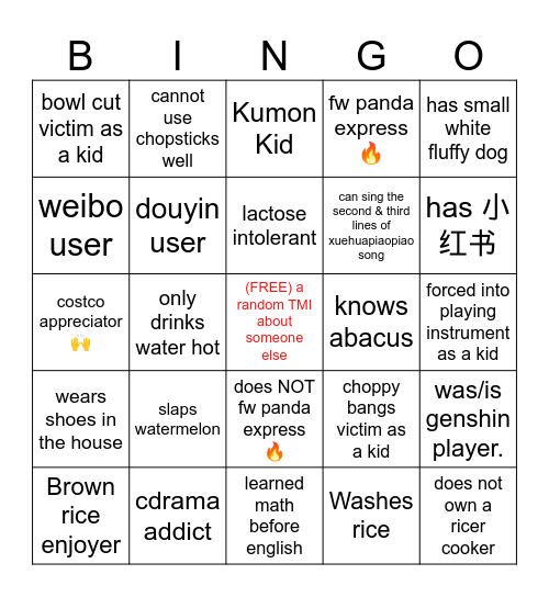 get 2 know e/o Wooooooo! (cc edition) Bingo Card