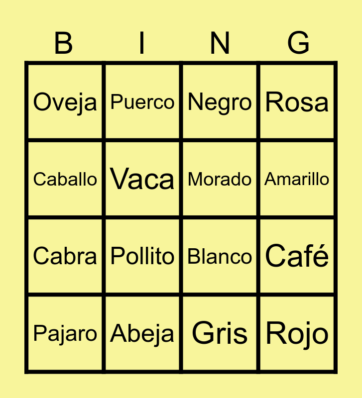 Color and Animal Spanish Bingo Card