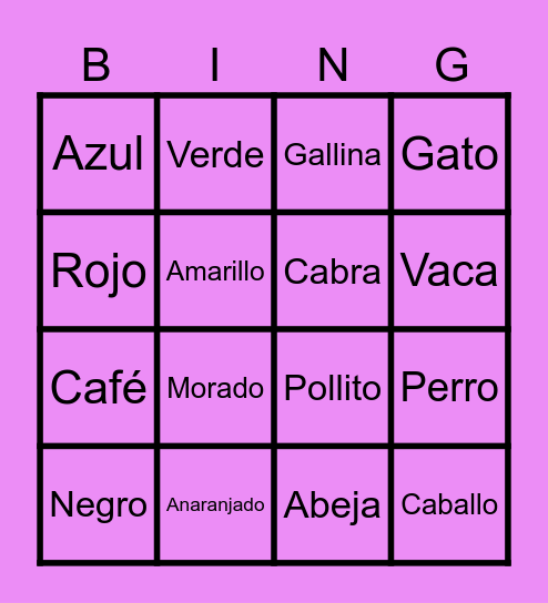 Color and Animal Spanish Bingo Card