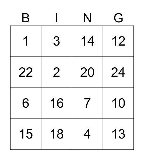 NUMBERS 1-25 Bingo Card