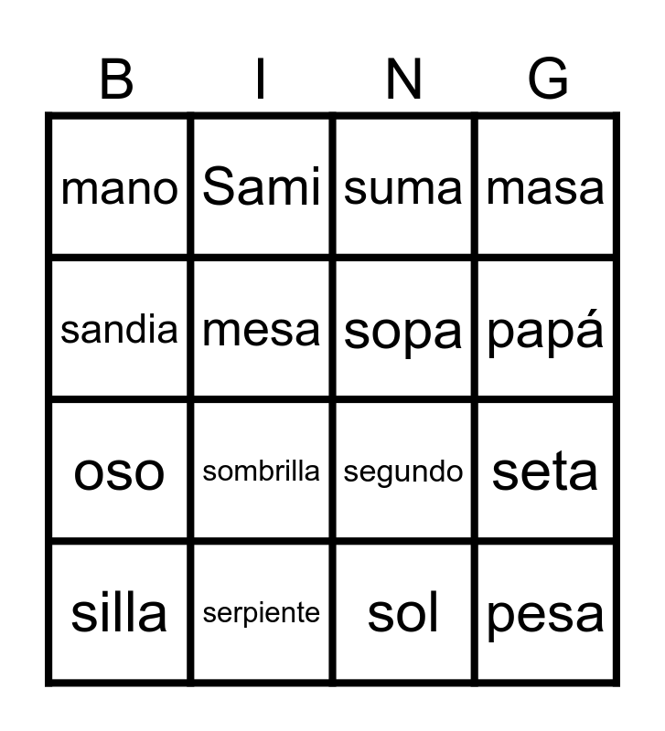 Palabras con S, M , P. Bingo Card