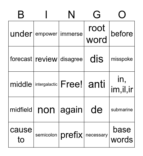 Prefix Bingo Card