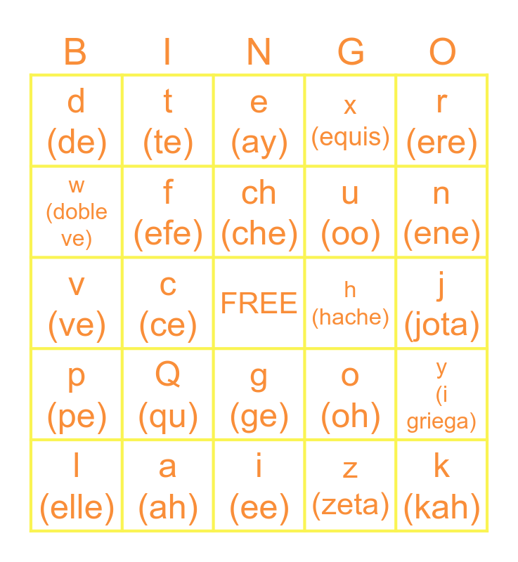 Spanish Alphabet Bingo Card