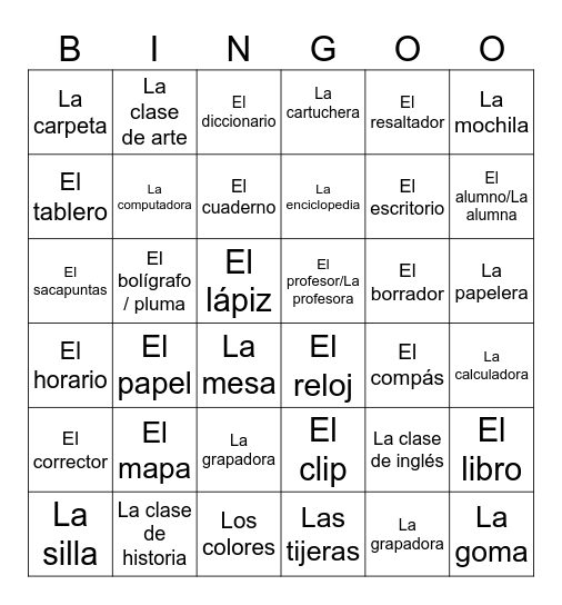 OBJETOS DE LA ESCUELA Bingo Card