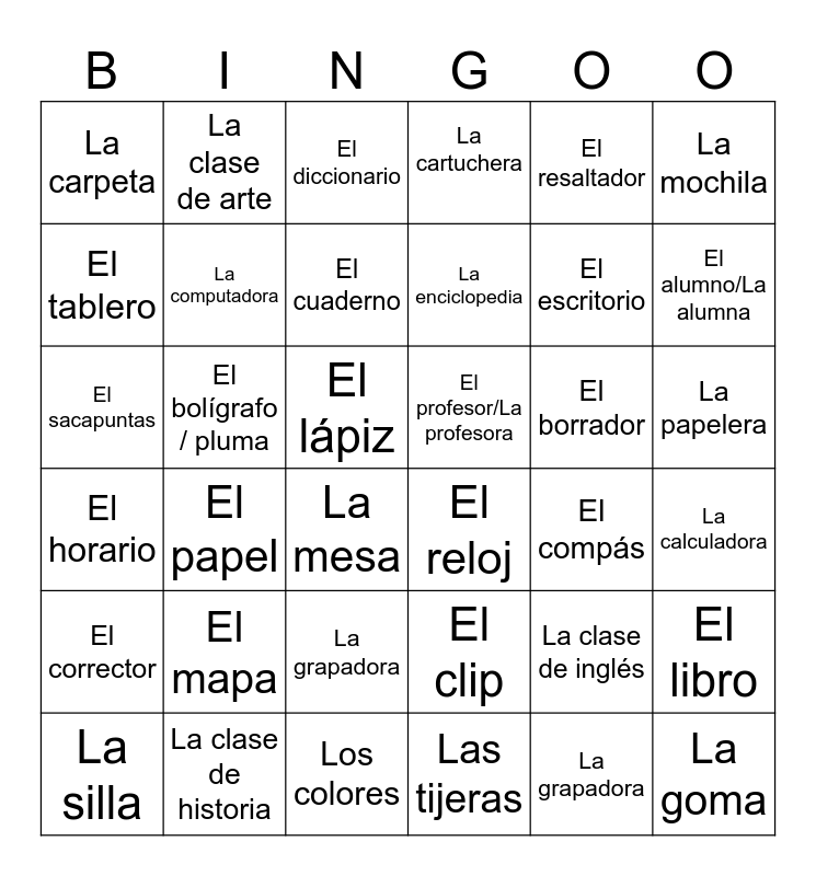 OBJETOS DE LA ESCUELA Bingo Card