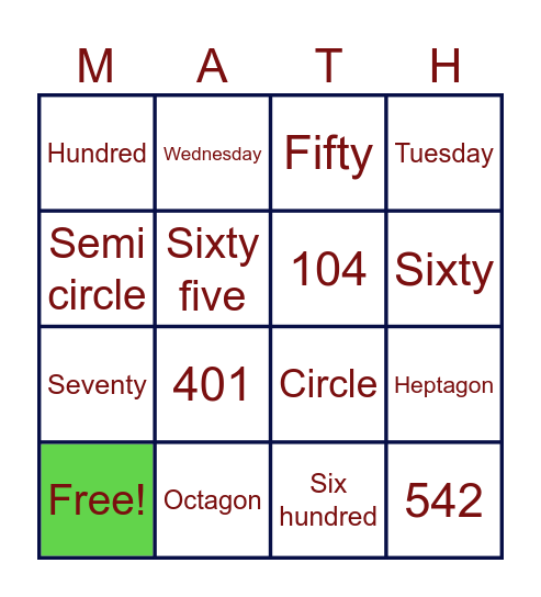 Mental Math Bingo Card