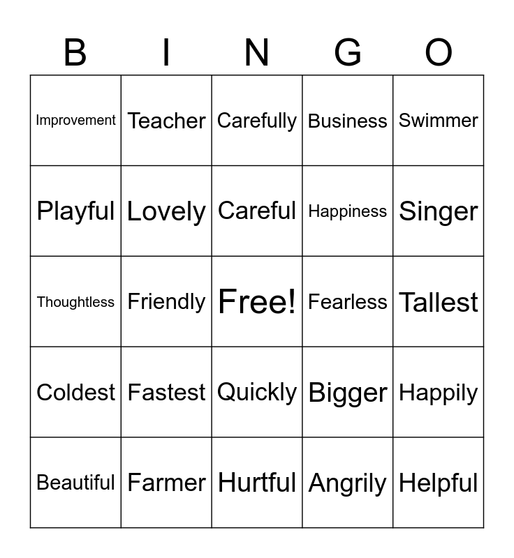 Suffix Bingo Card