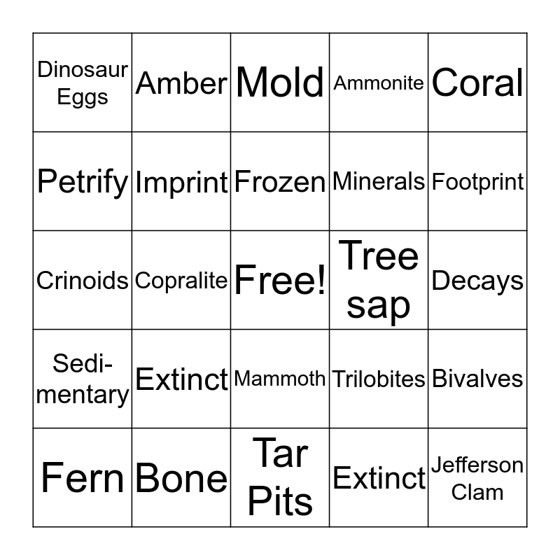 Fossils Bingo Card