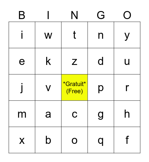 Les Lettres en Français Bingo Card