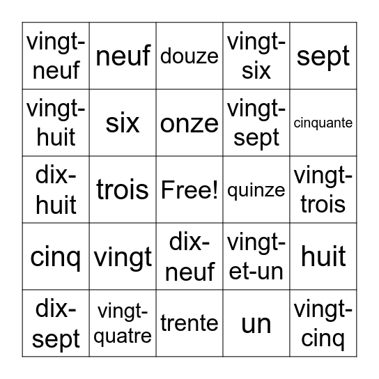 Les nombres 1-30, 40,50 Bingo Card