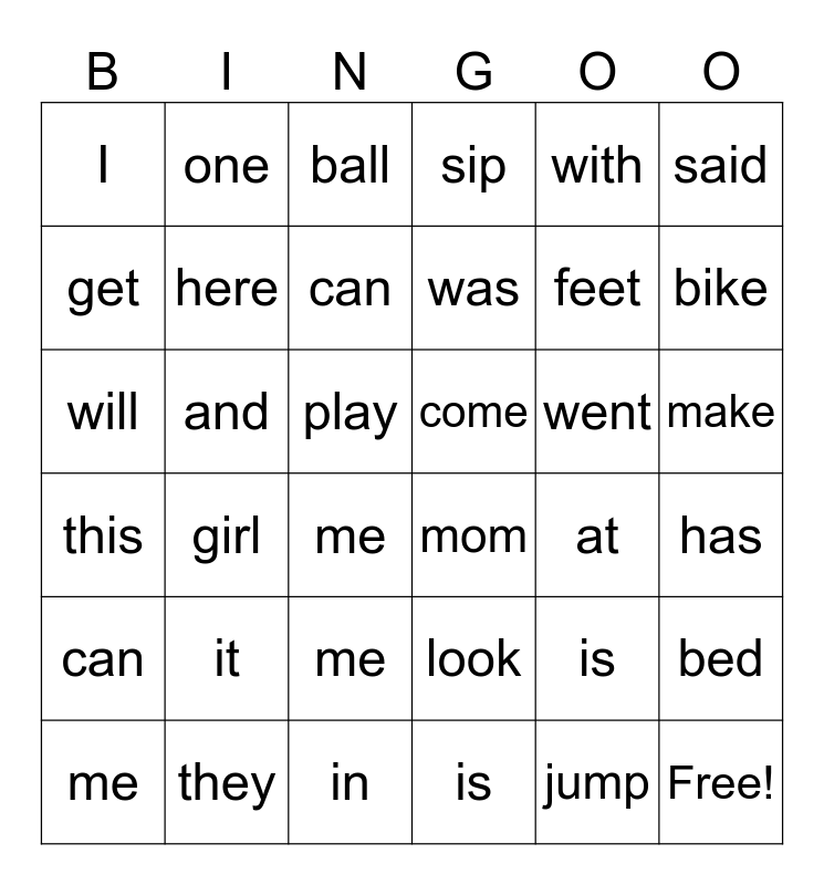 Beginner/ Level 1 Sight Words Bingo Card