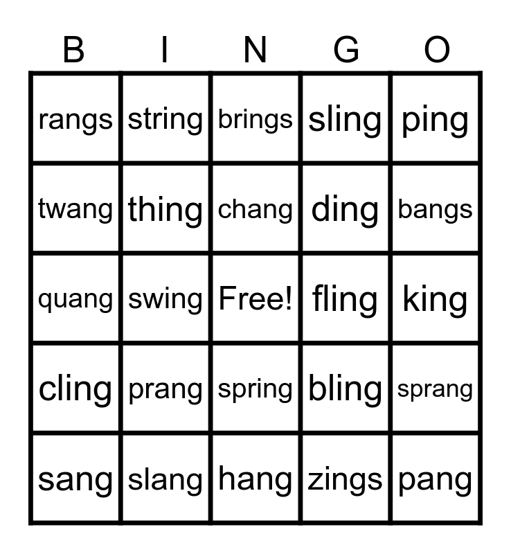 -ang and -ing Bingo Card