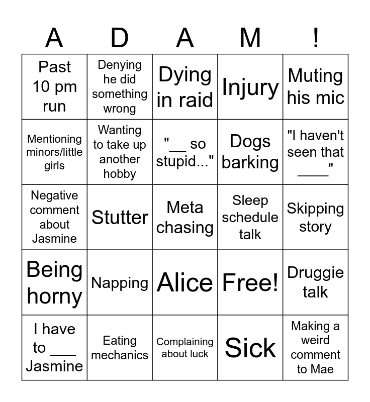 ADAM! Bingo Card