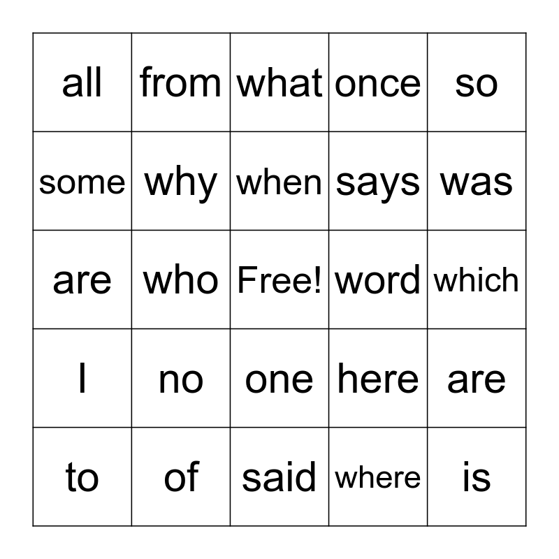 Tricky Word Bingo Card