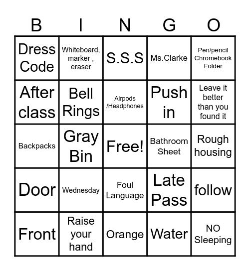 Class Rules Bingo Card