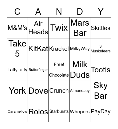 Candy Bar Bingo Card Candy Bar Bingo Card