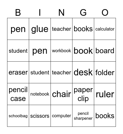 School objects Bingo Card